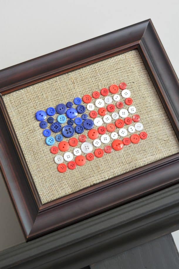 Burlap + Button Flag Framed Art Craft for 4th of July or Patriotic Decor